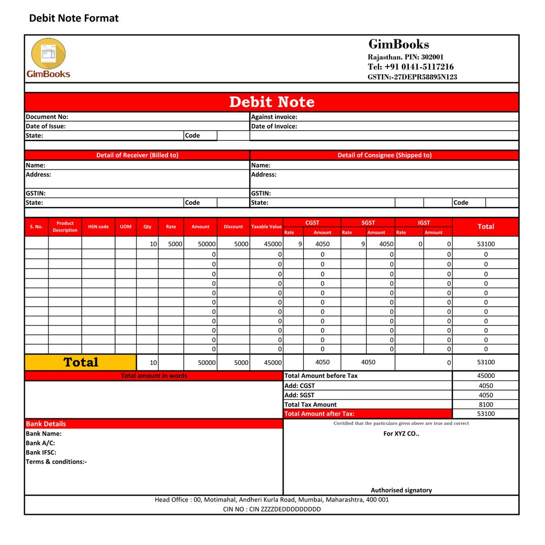 Debit Note Format - Download Word, PDF, Excel Templates