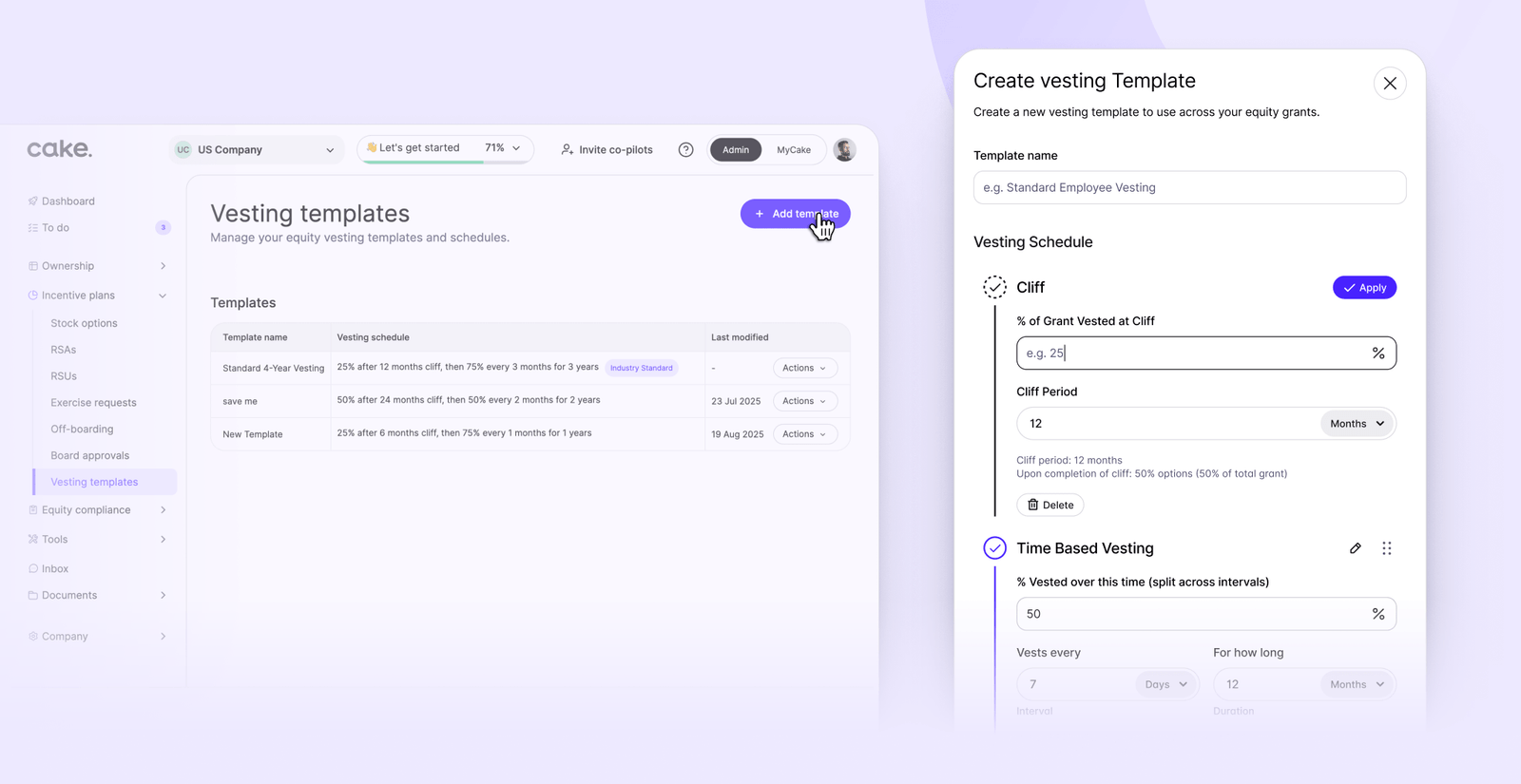 Vesting schedule templates | Cake Equity Changelog