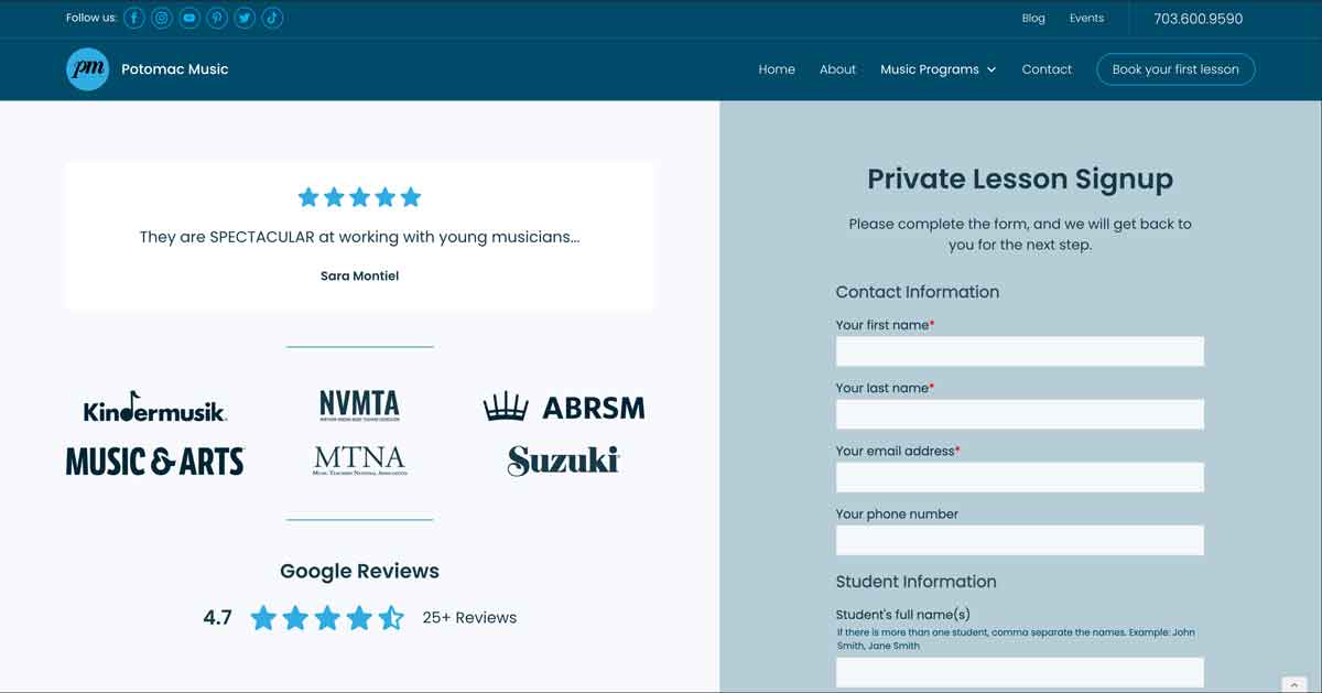 Private Music Lesson Sign Up | Potomac Music