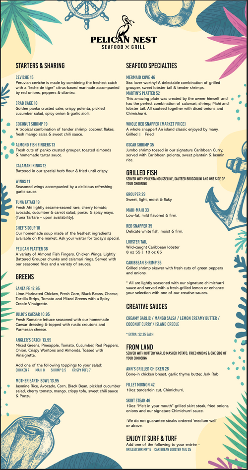 Pelican Nest Menu