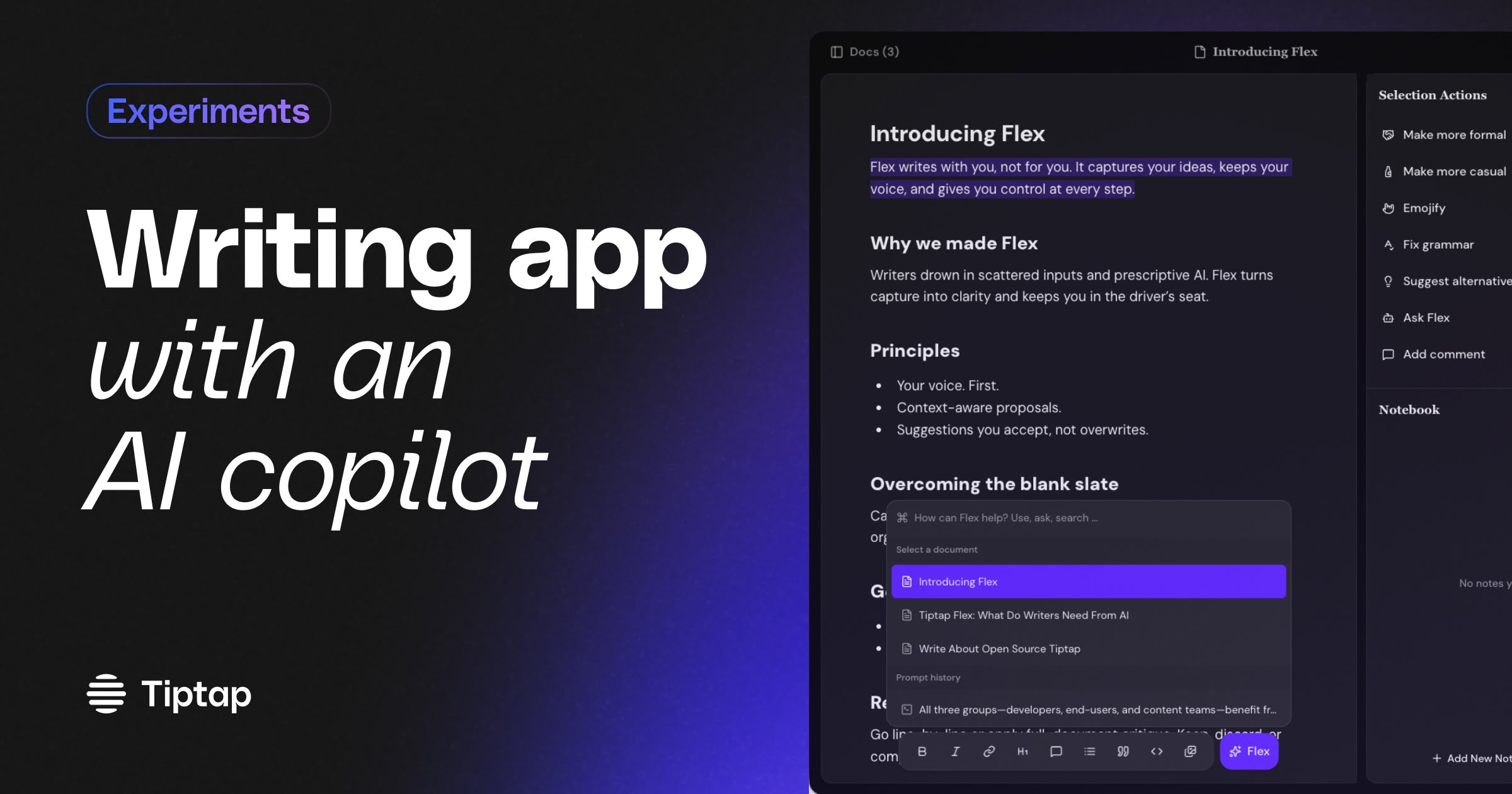 Tiptap experiment: Flex – a writing app with an AI copilot
