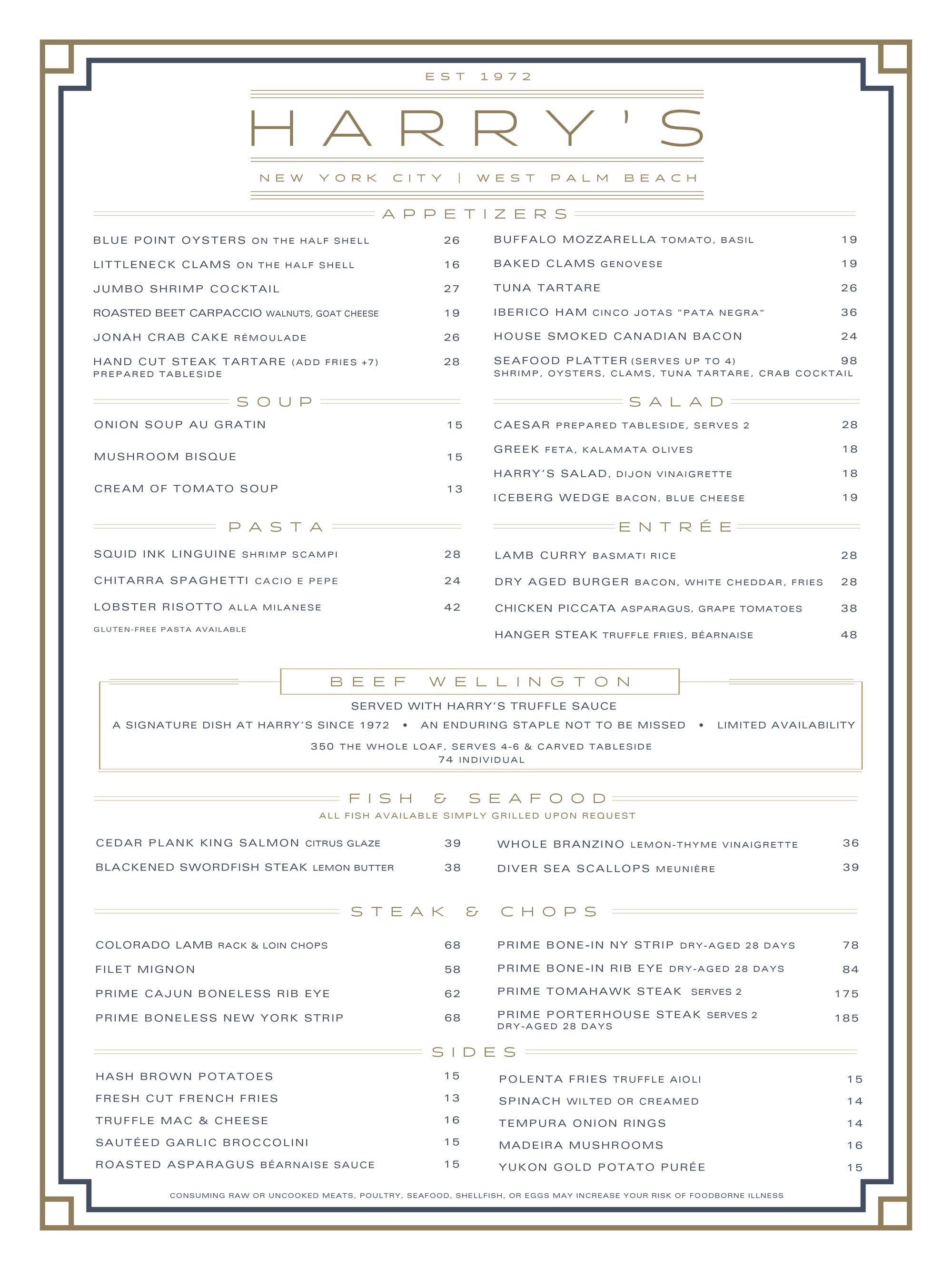 Harry's Bar & Restaurant | New York City Menu