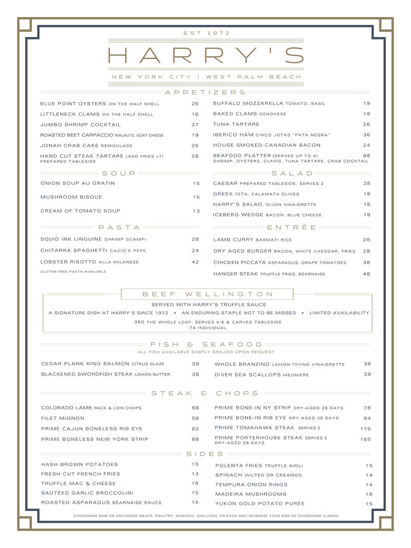 Harry's Bar & Restaurant | New York City Menu