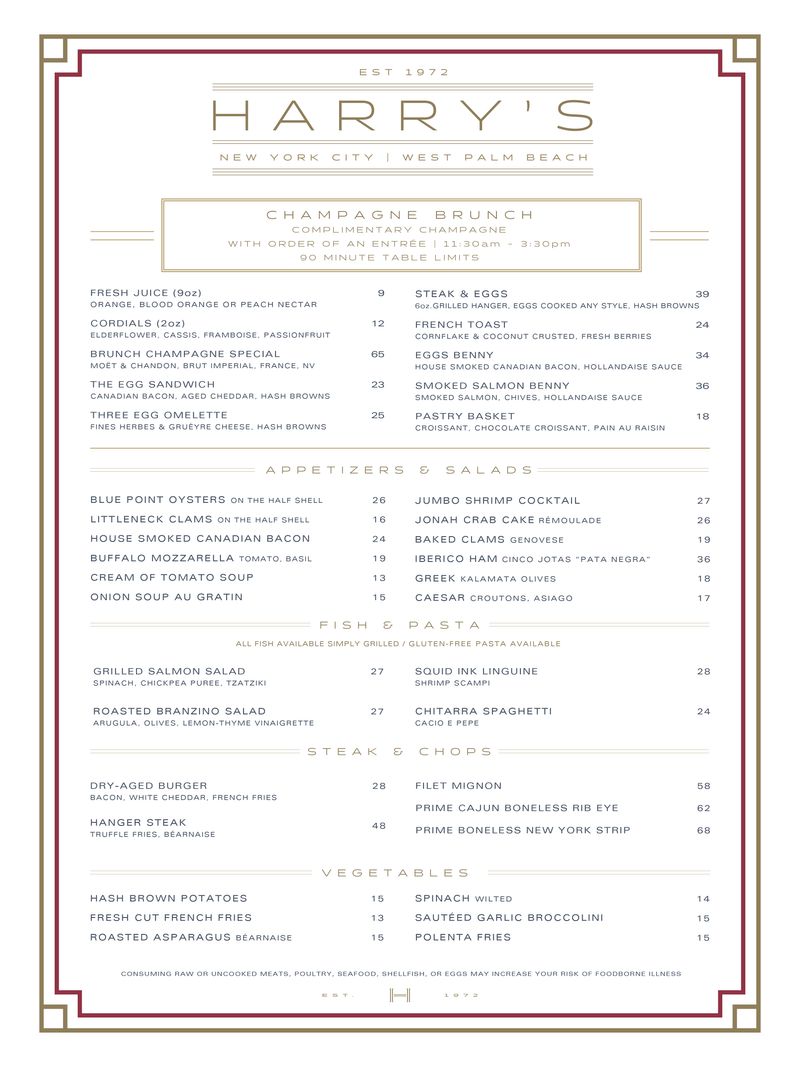 Harry's Bar & Restaurant | New York City Menu