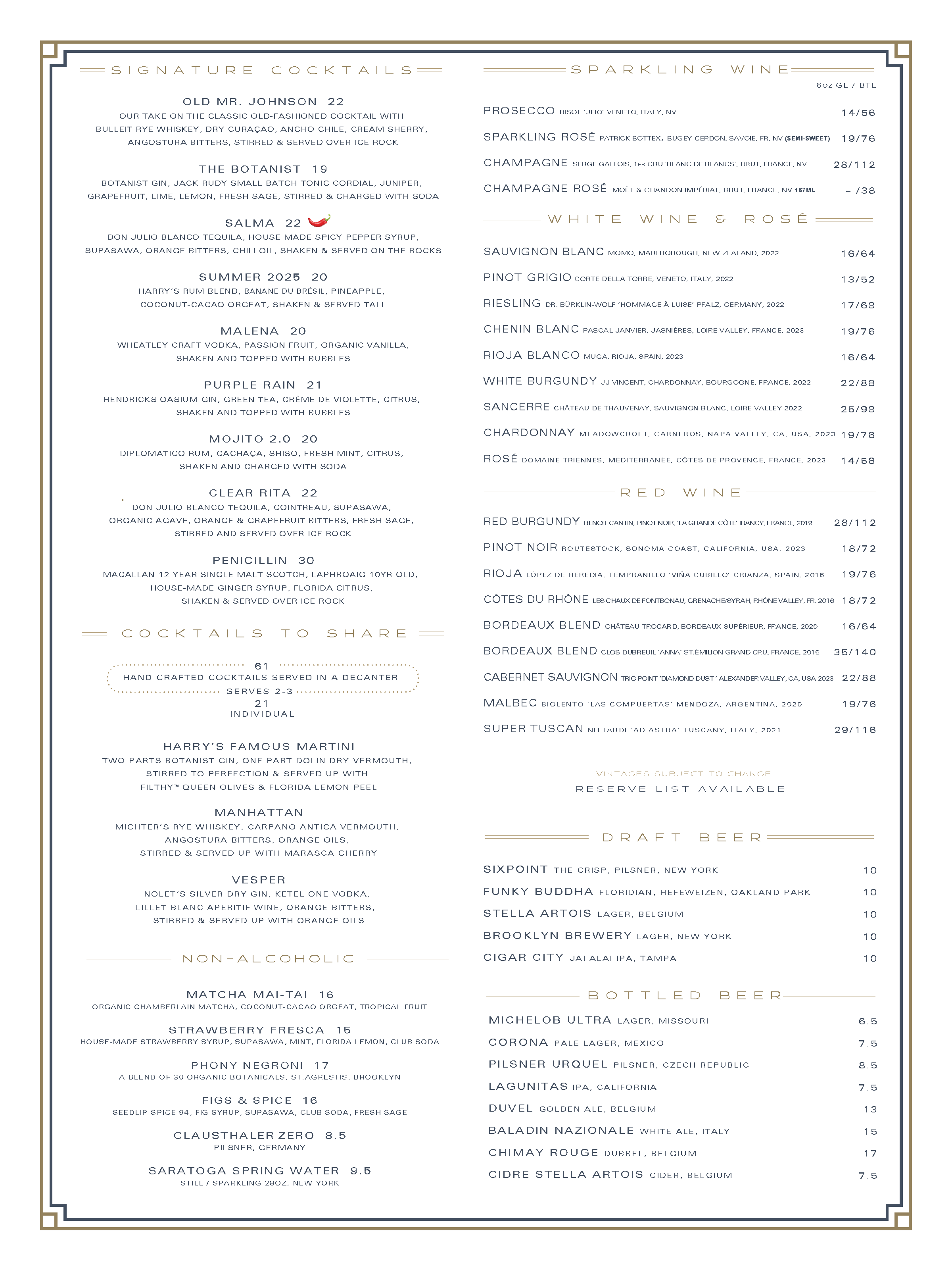 Harry's Bar & Restaurant | West Palm Beach Menu