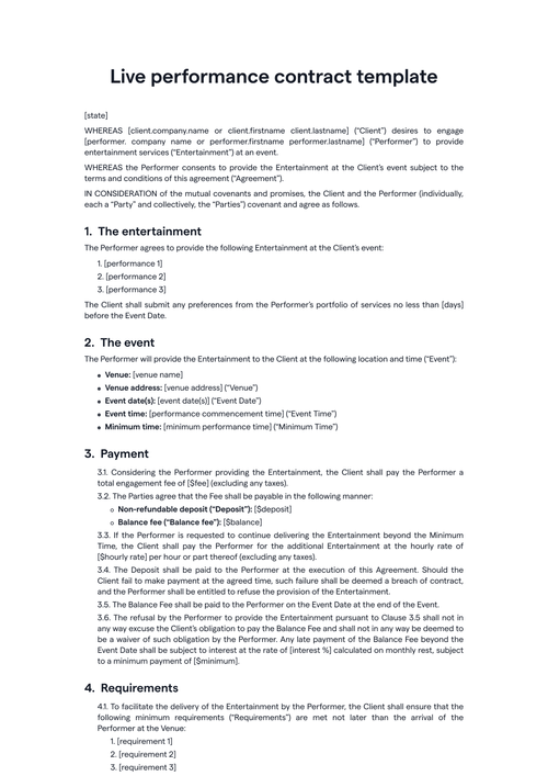 Live performance contract | Templates | Notch