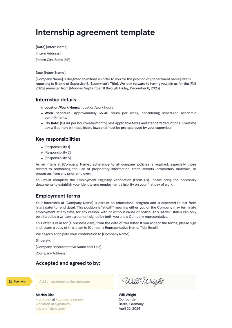 Internship agreement | Templates | Notch