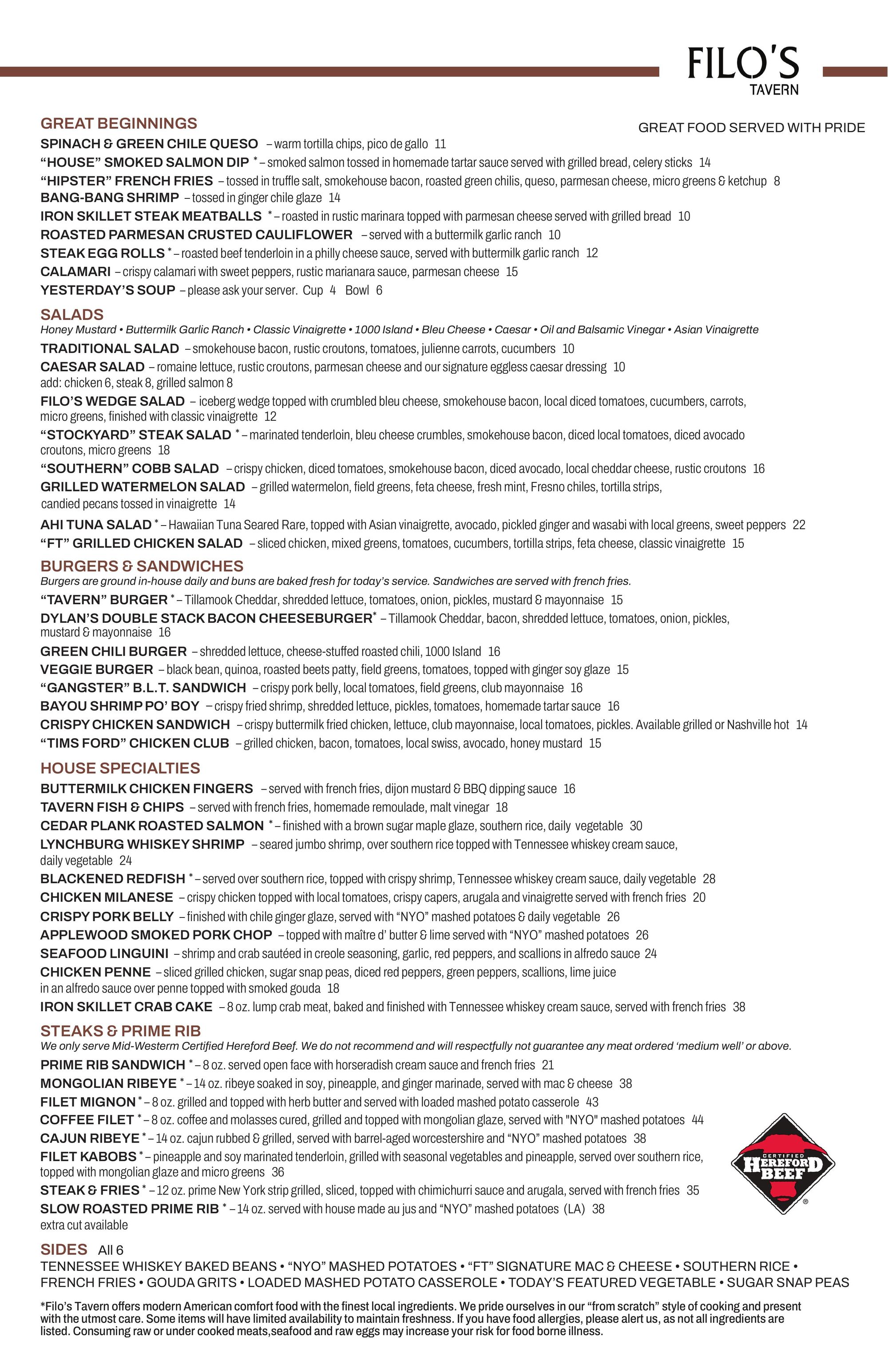 Filo's Tavern - Menu