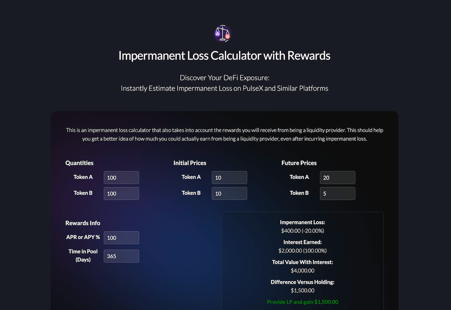 Impermanent Loss Calculator with Rewards (APY / APR)