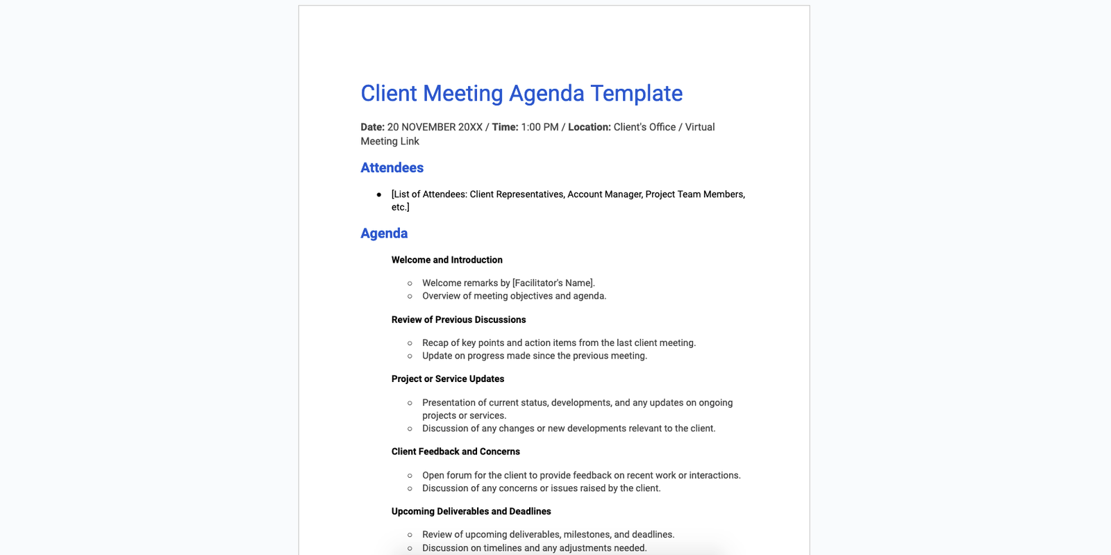 Professional Client Meeting Agenda Template