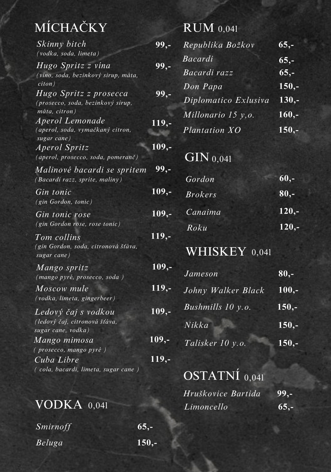 Menu Bistro J&J - Gastronomie Šumperk