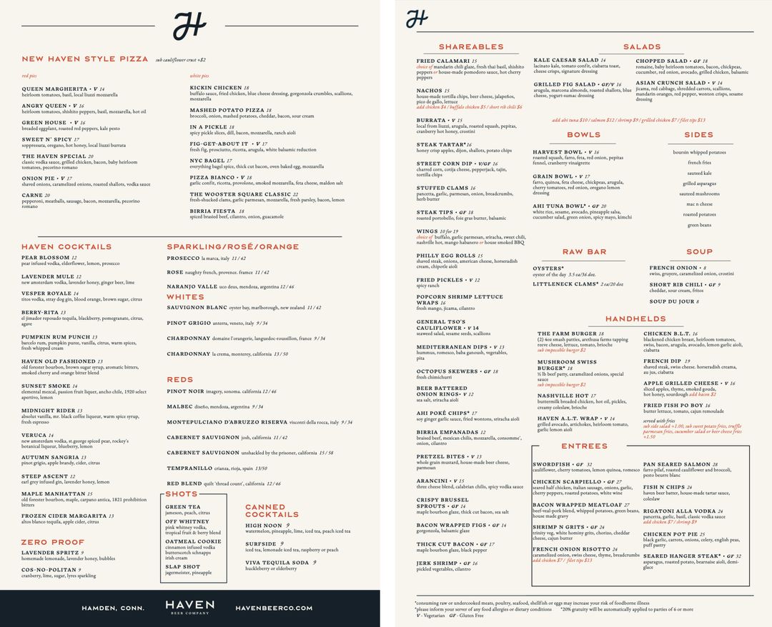 Menus | Haven Beer Company | Hamden, CT | Beer, Cocktails, & Food