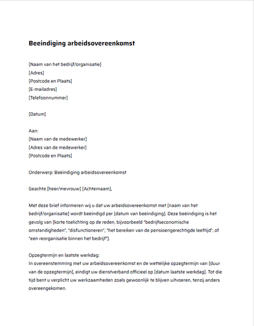 Beeindiging arbeidsovereenkomst voorbeeld - Maken & Downloaden