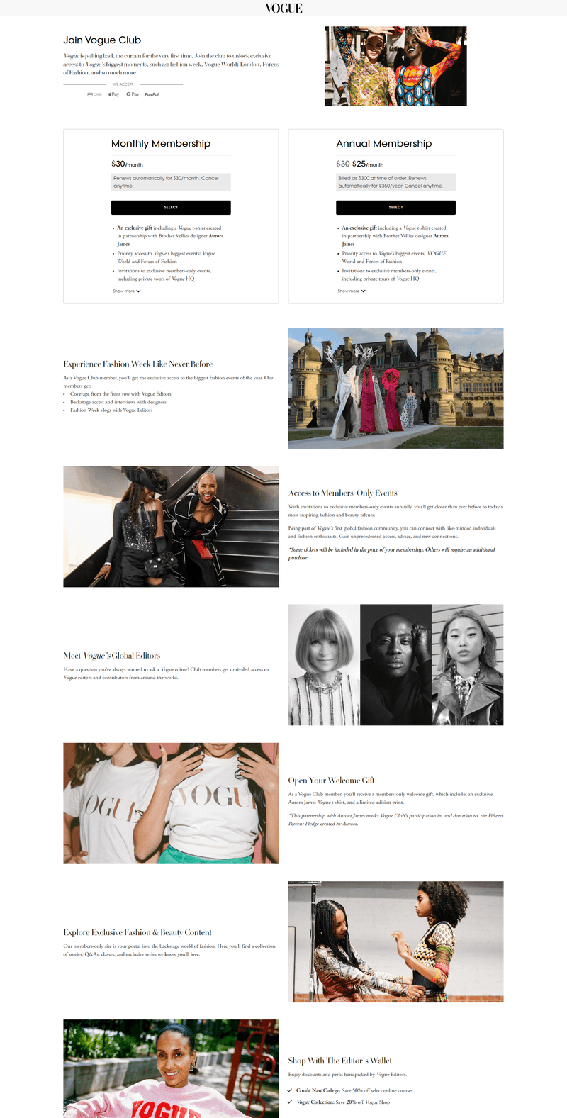 Vogue Club Membership Landing Page Design Inspiration