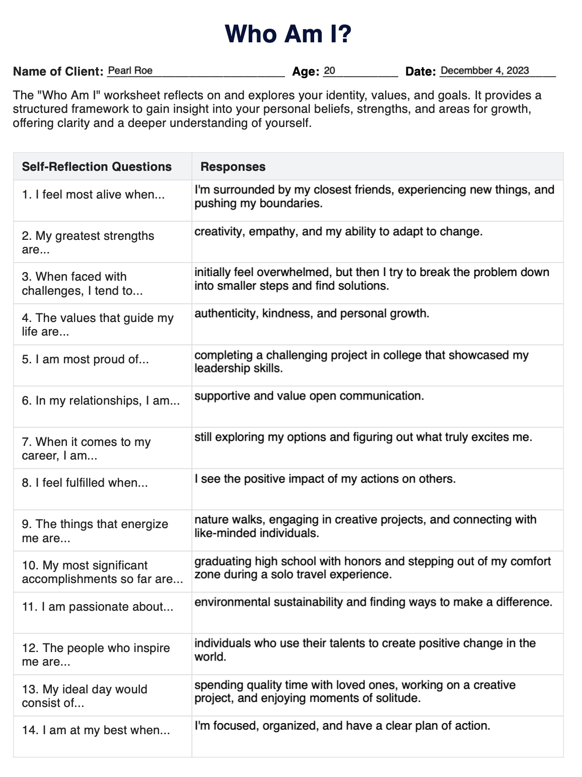 Who Am I Worksheet & Example | Free PDF Download