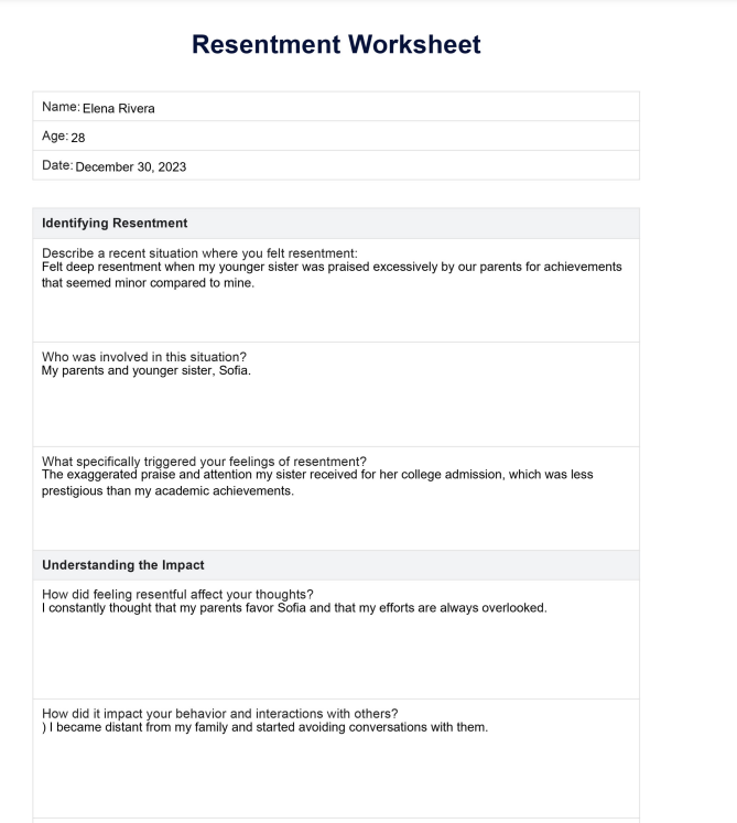 Resentment worksheet & Example | Free PDF Download