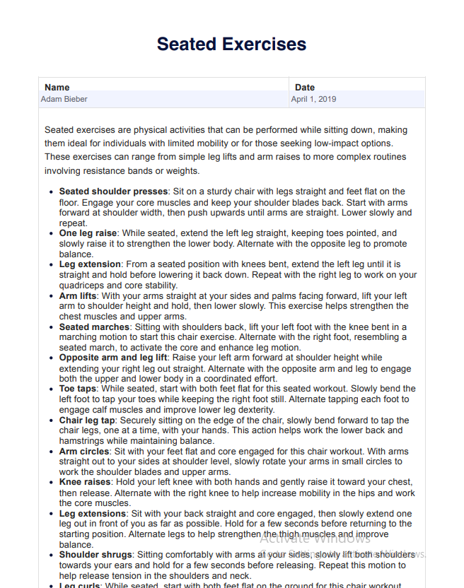 Seated Exercises PDF & Example | Free PDF Download