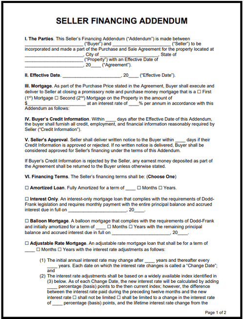 Free Seller Financing Addendum Templates