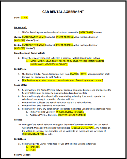 Free Car Rental Agreement Template