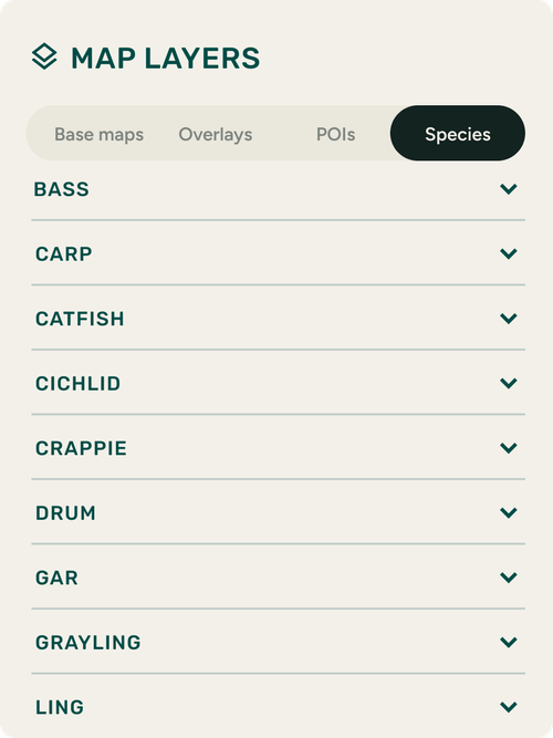Fish Species Map Layer | onWater Fish - Habitat Maps for 100+ Fish