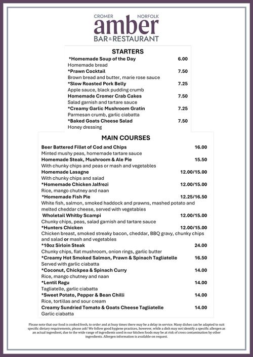 Our Menu | Amber Bar & Restaurant, Cromer, Norfolk
