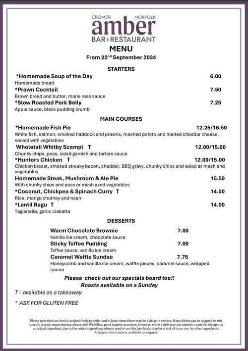 Our Menu | Amber Bar & Restaurant, Cromer, Norfolk