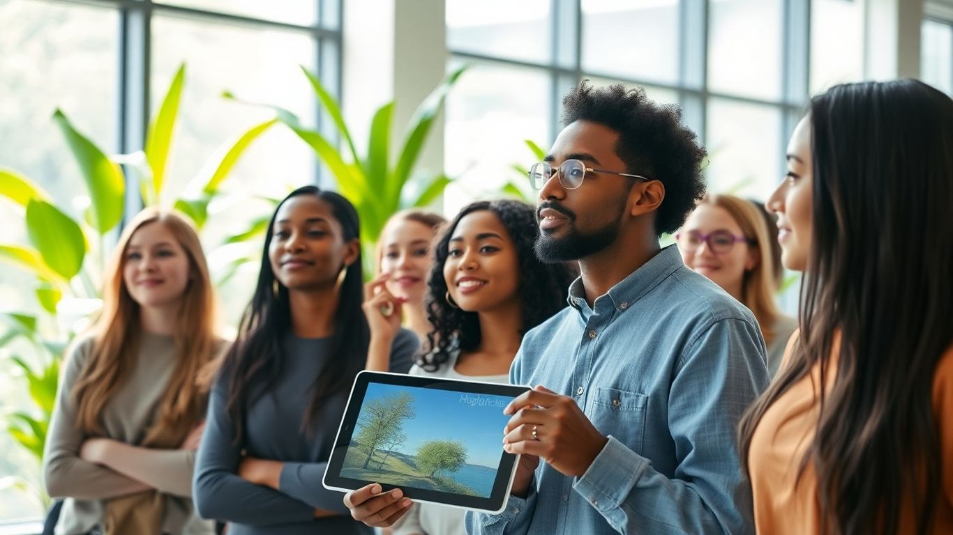 Students learning about sustainability in a bright, green environment.