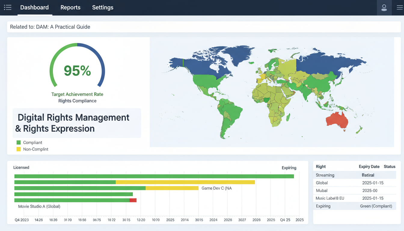 Digital rights management dashboard showing 95% compliance rate with ...