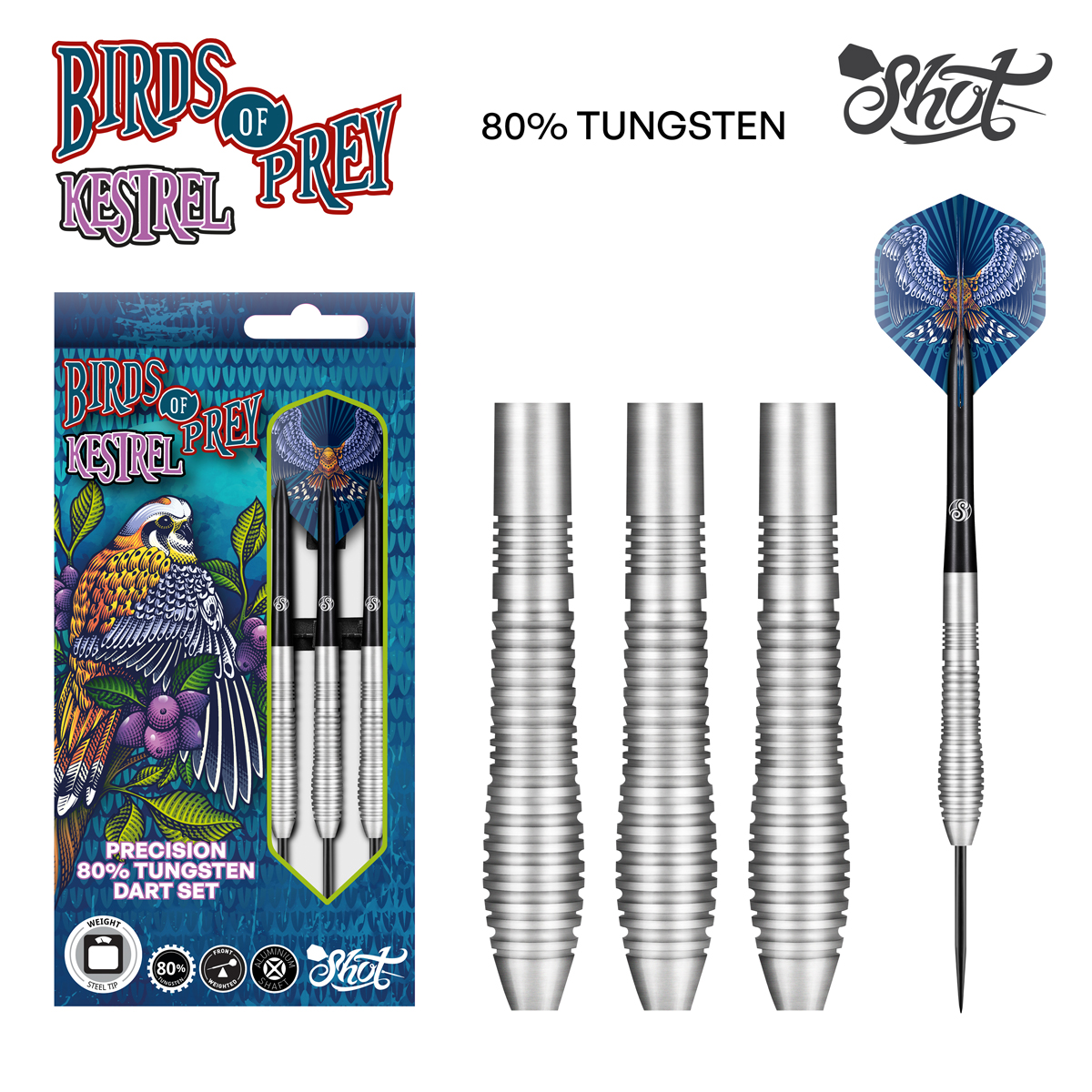 Birds of Prey Kestrel Steel Tip Dart Set-80% Tungsten Barrels | Shot Darts