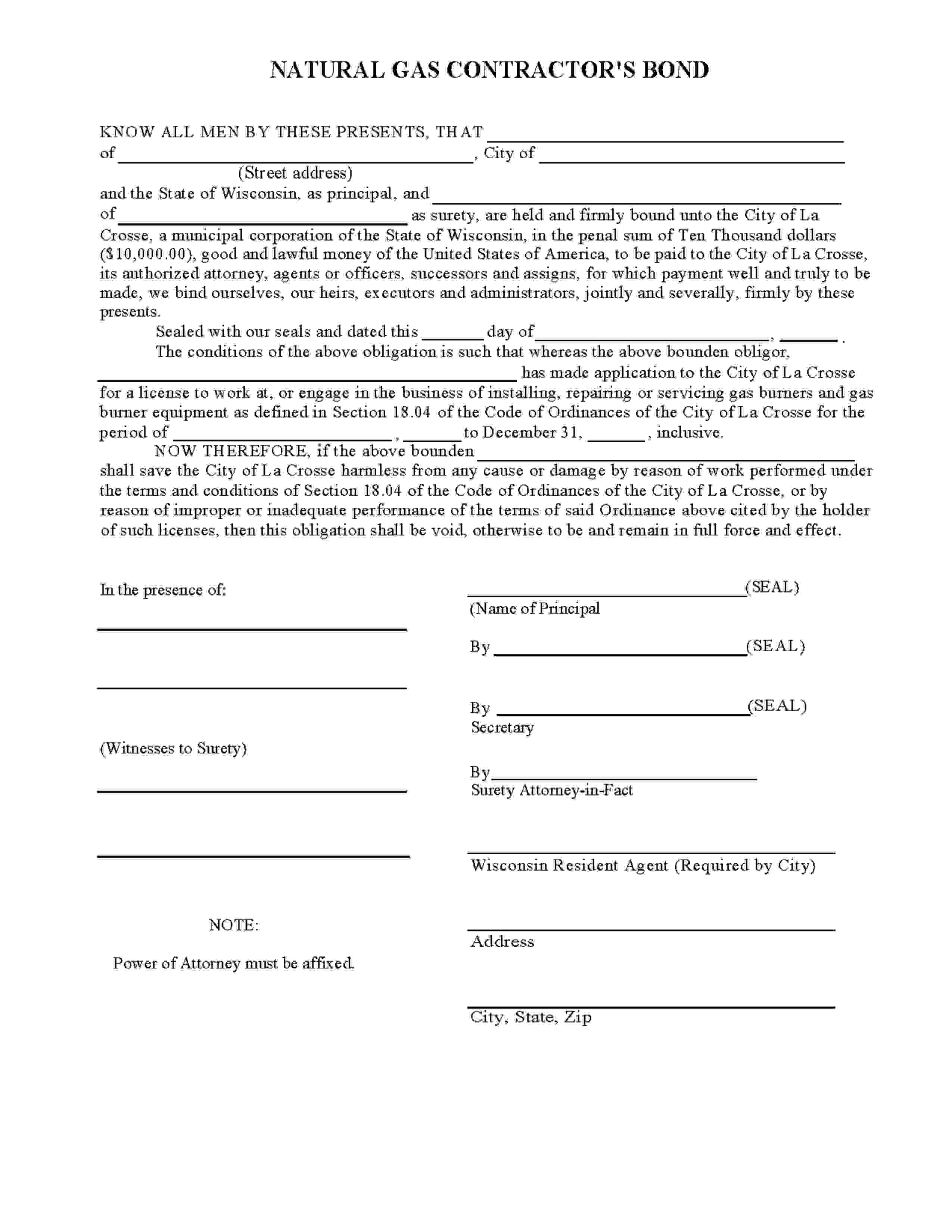 La Crosse - City Natural Gas Contractor Bond | Products | BOSS Bonds