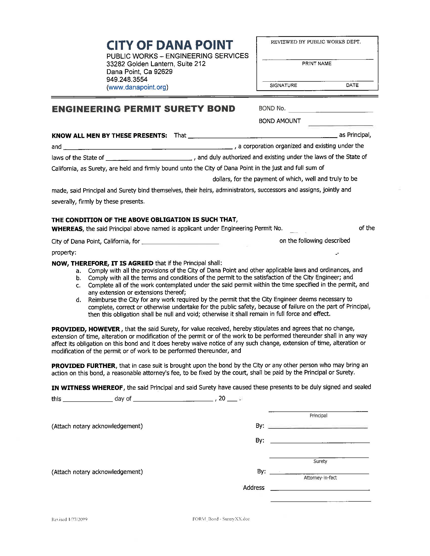 City of Dana Point Engineering Permit Bond | Products | BOSS Bonds