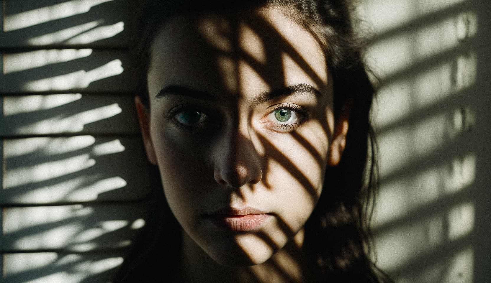 Portrait shot with light and shadow from window blinds Midjourney style ...