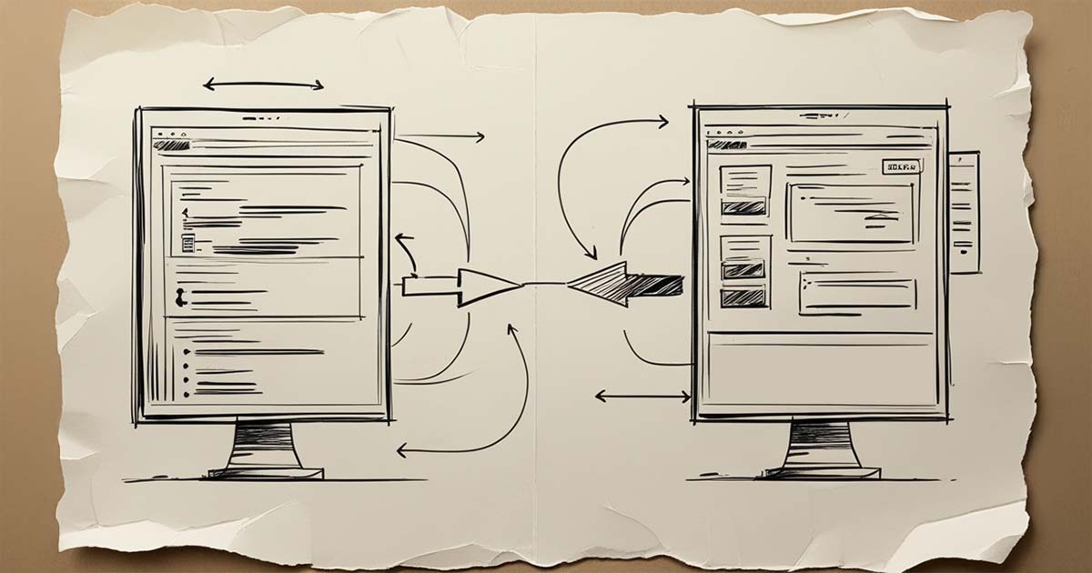 Two monitors show incremental changes to a web development project