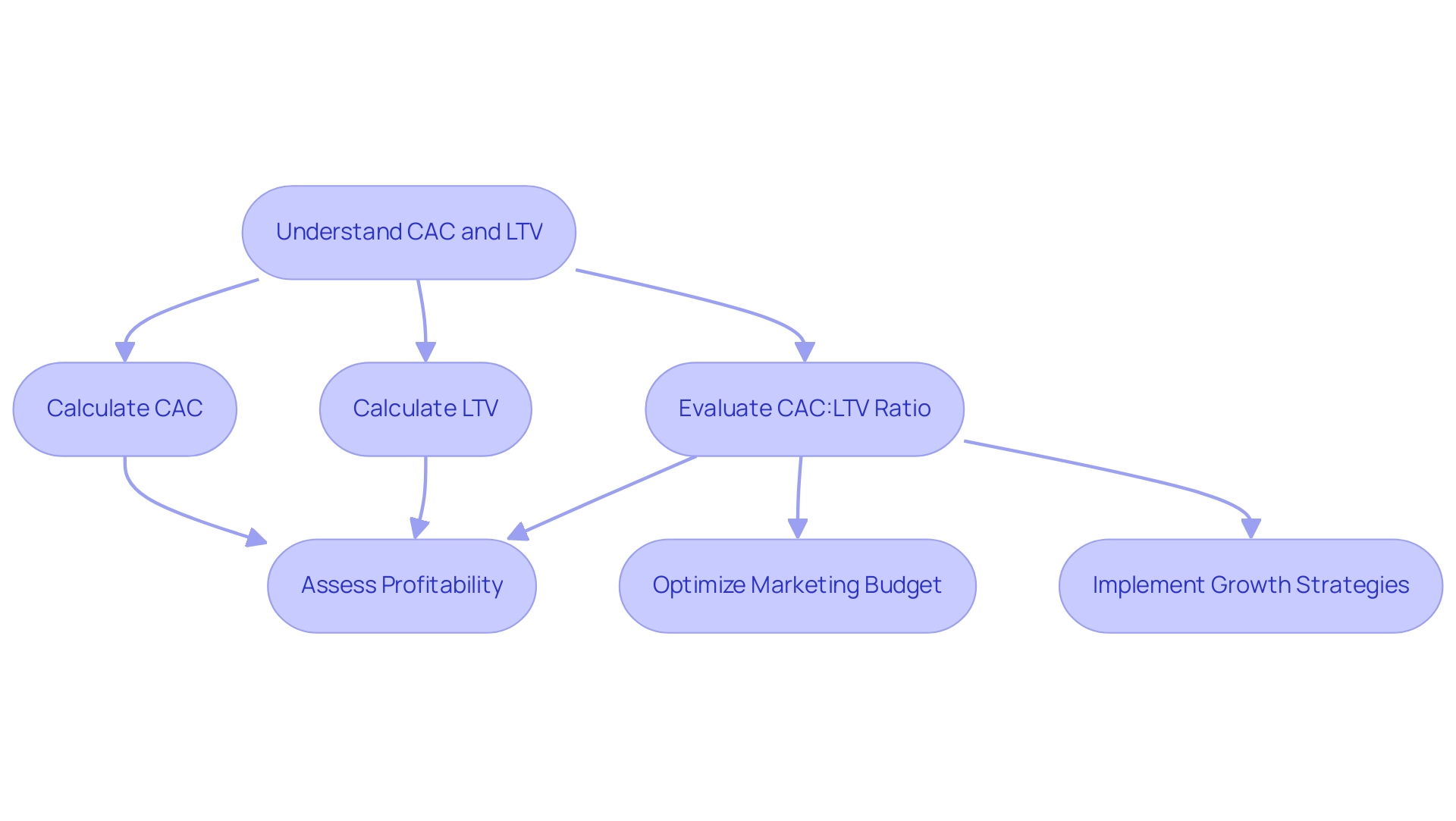 Each box represents a step in understanding and applying CAC and LTV metrics, with color coding to differentiate between CAC, LTV, and strategic implications.