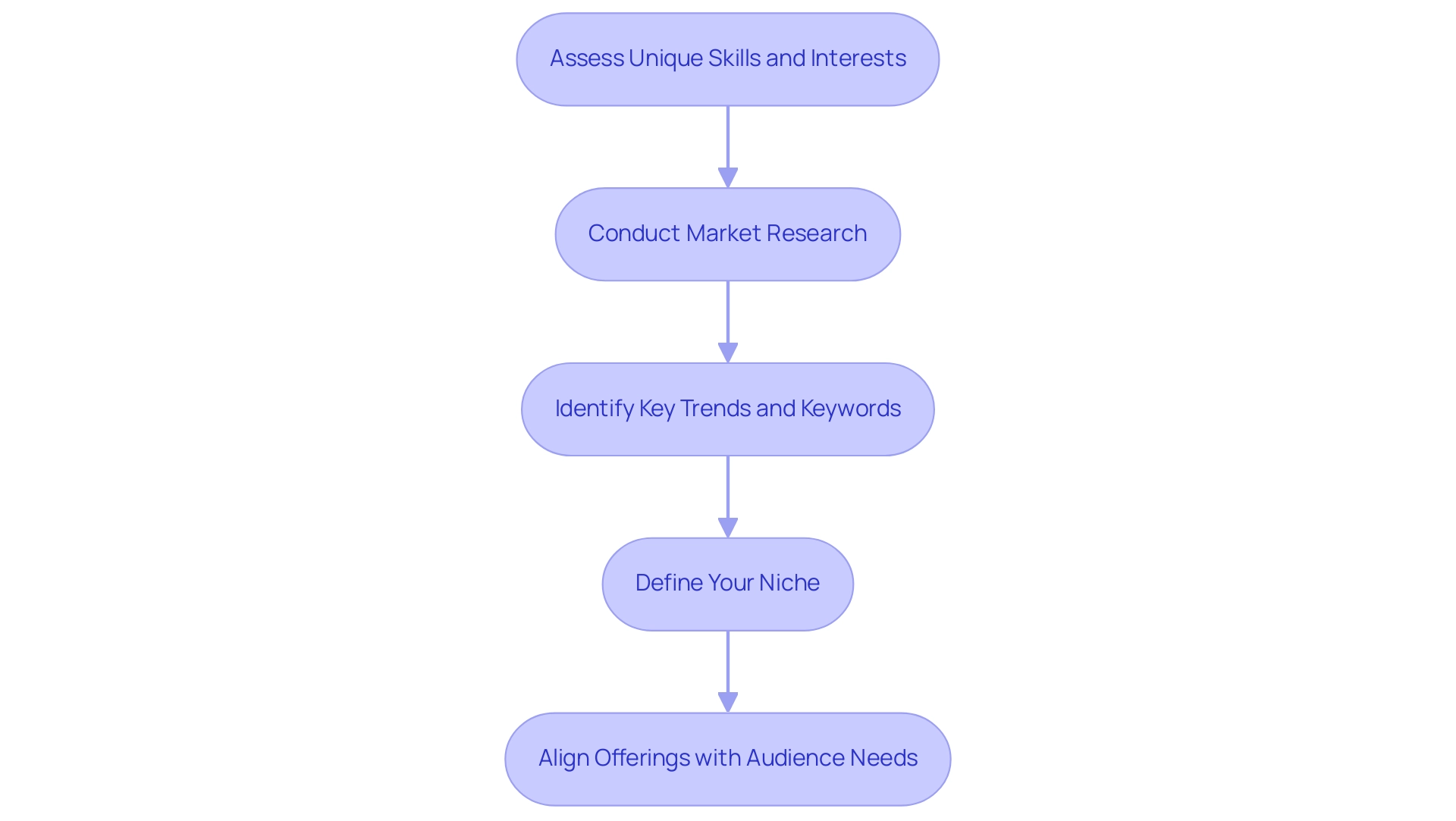 Each box represents a step in the niche identification process, with arrows indicating the flow from initial assessment to audience alignment.