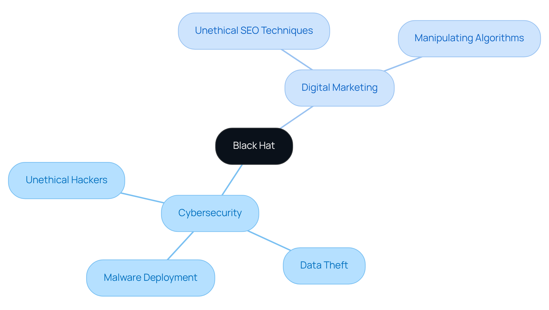 Start with the central idea of 'Black Hat' and explore how it branches into different areas. Each branch represents a context where unethical practices occur, with further details on specific actions.