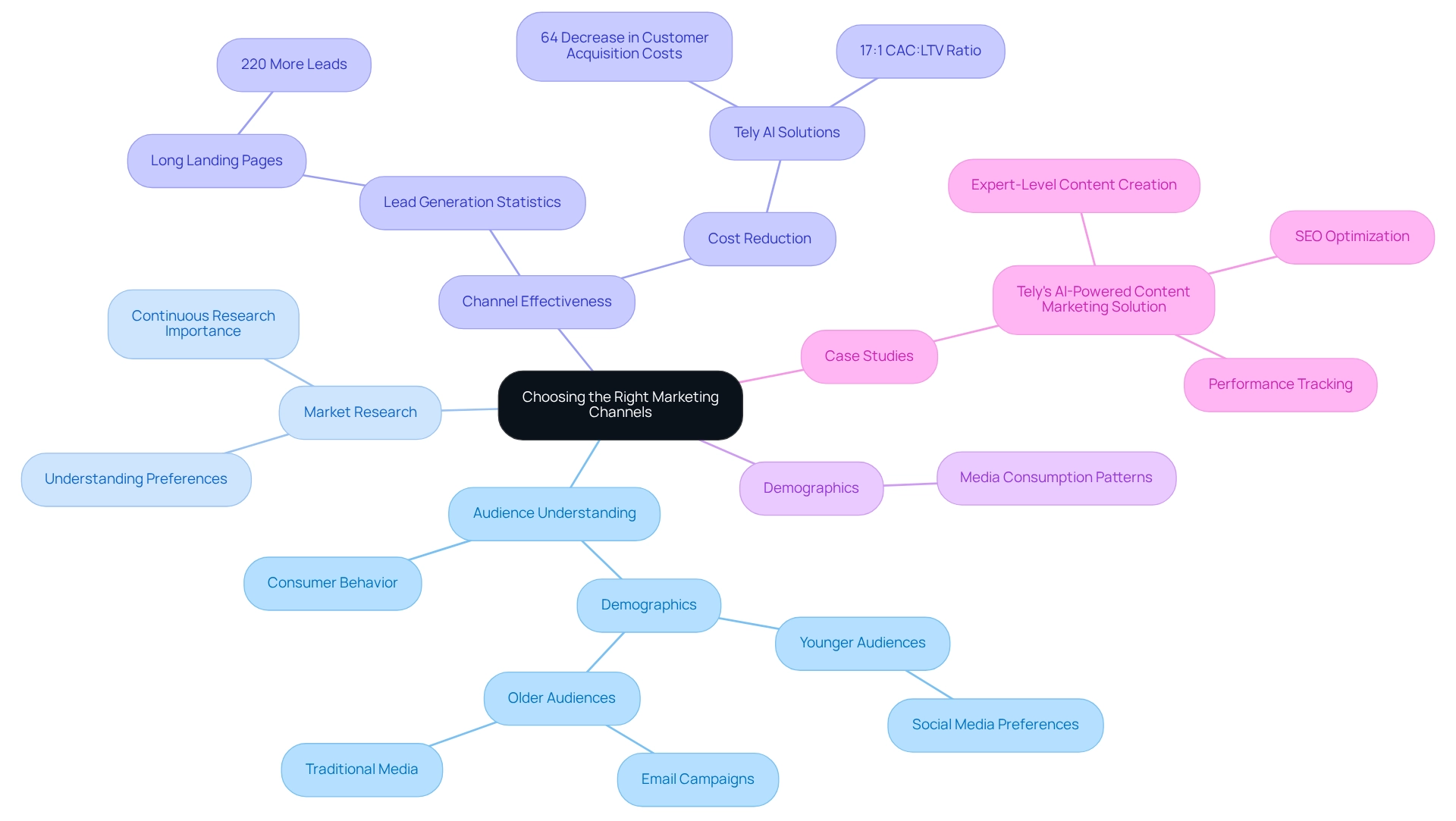 The central node represents the main topic, with branches illustrating key areas of focus such as audience understanding and demographic preferences.