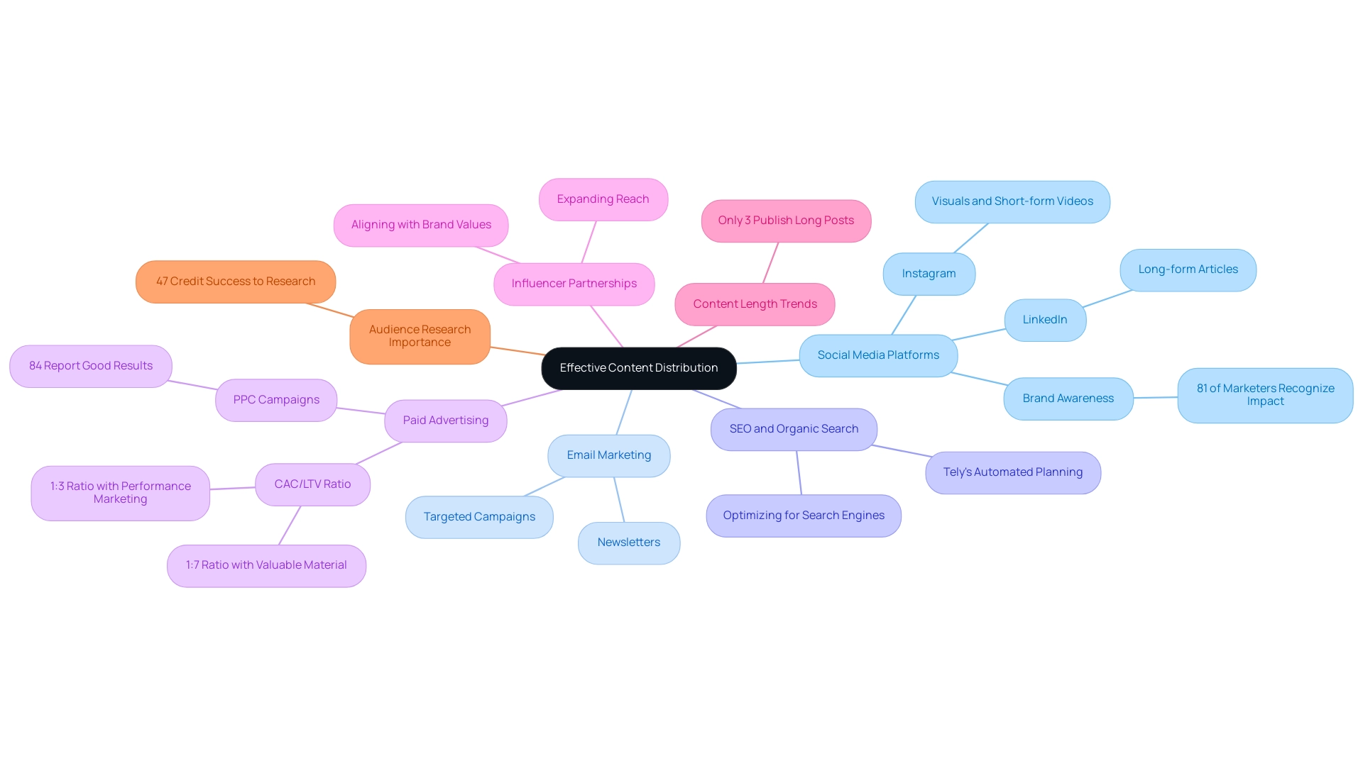 The central node represents the overall strategy, with branches showing the main distribution channels, and sub-branches providing details on each channel's approach.