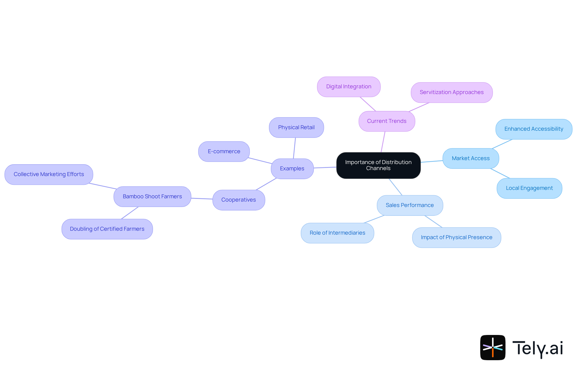 The central node represents the overarching theme. Each branch connects to specific aspects like market access and sales performance, while sub-branches provide detailed examples and current trends in distribution channels.