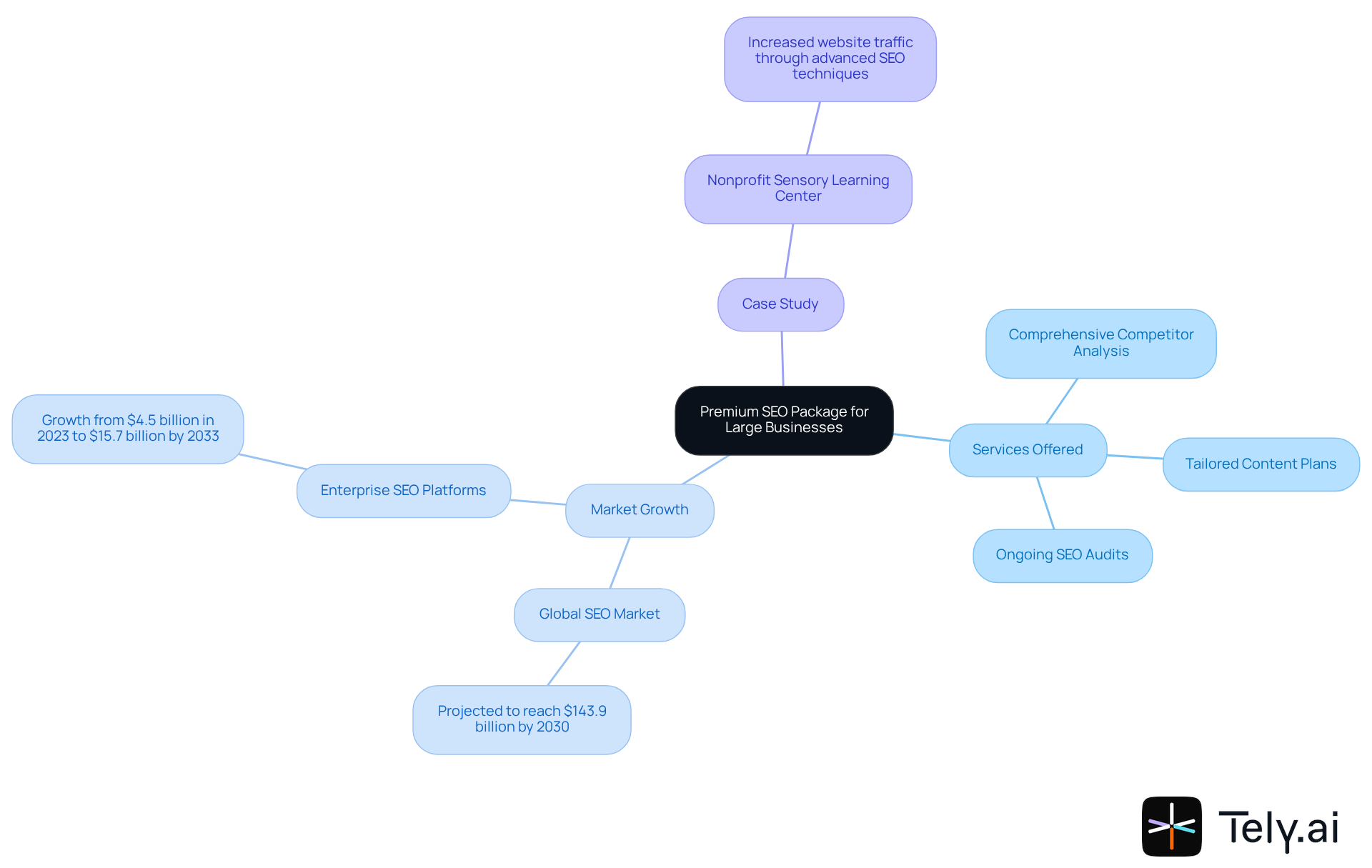 The central node represents the premium SEO package, and the branches show the different services offered, market growth information, and a successful case study — helping you visualize how these elements connect. The central node represents the premium SEO package, and the branches show the different services offered, market growth information, and a successful case study — helping you visualize how these elements connect.