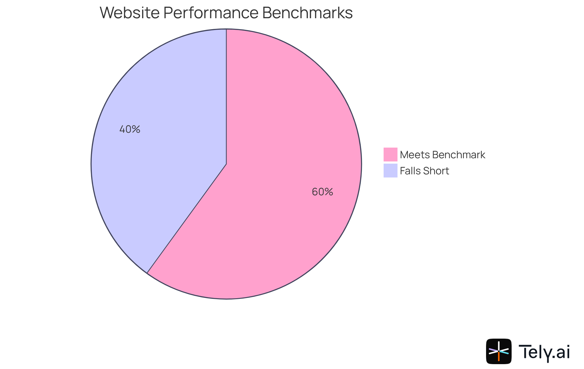 This pie chart shows how many websites meet the performance benchmarks versus those that don't. A larger slice indicates more websites are performing well, while a smaller slice shows the challenge many face in optimizing their user experience. This pie chart shows how many websites meet the performance benchmarks versus those that don't. A larger slice indicates more websites are performing well, while a smaller slice shows the challenge many face in optimizing their user experience.