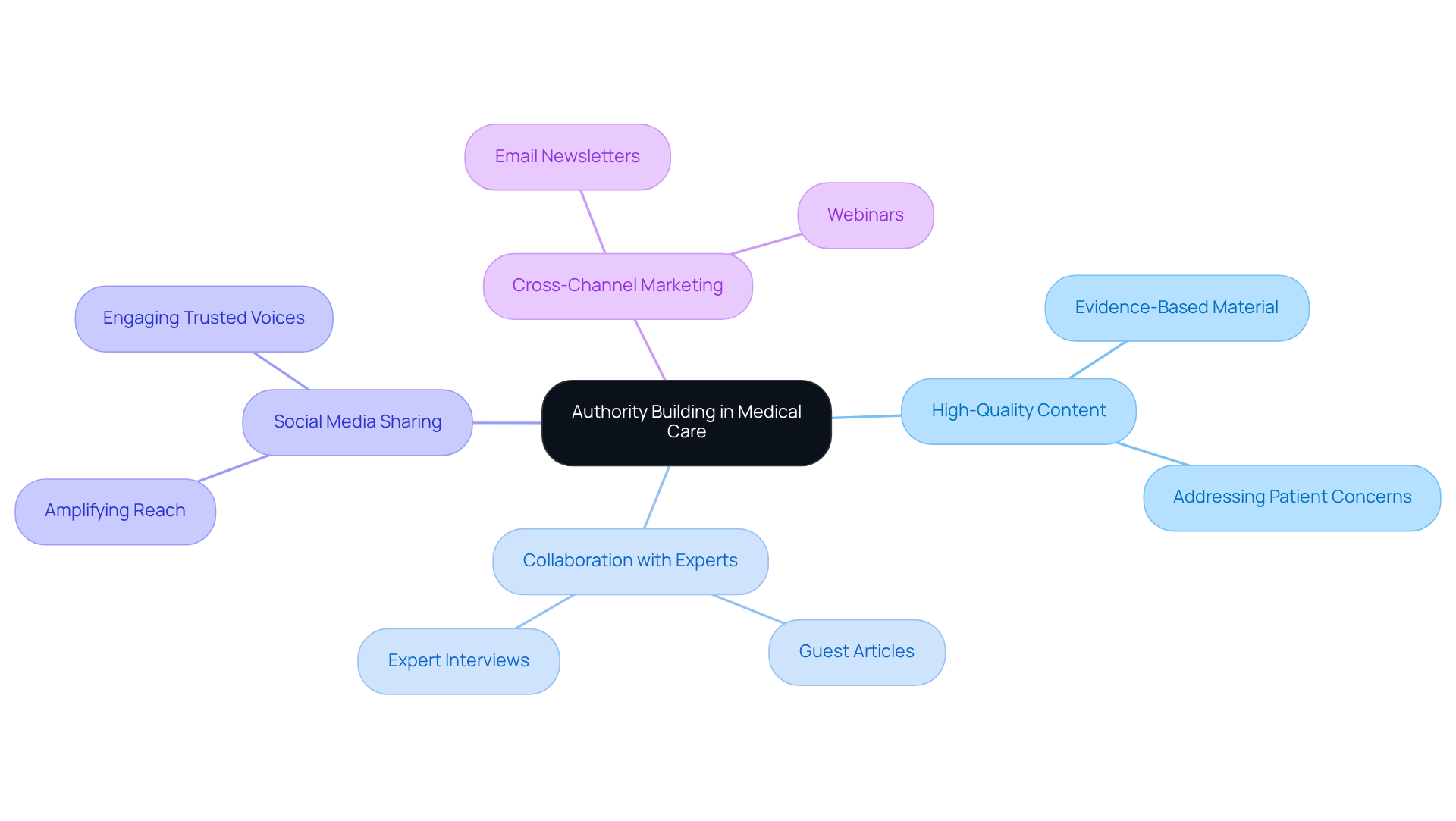 Start at the center with the main goal of building authority, then explore each strategy and its specific actions. The colors help differentiate between strategies, making it easier to follow.