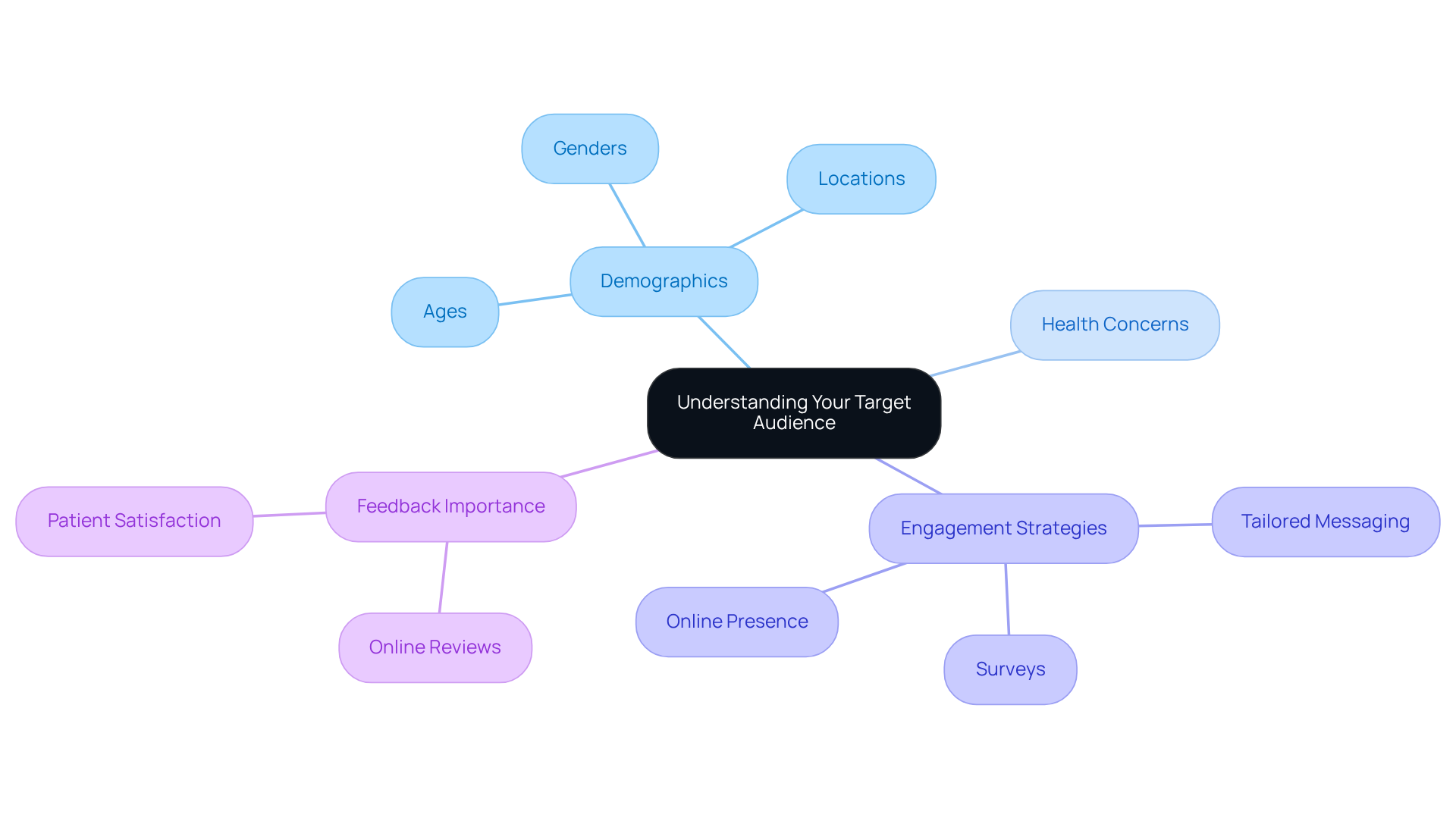 The central node represents the main goal of understanding your audience. Each branch shows different aspects to consider, helping you see how they connect and inform your outreach strategies.