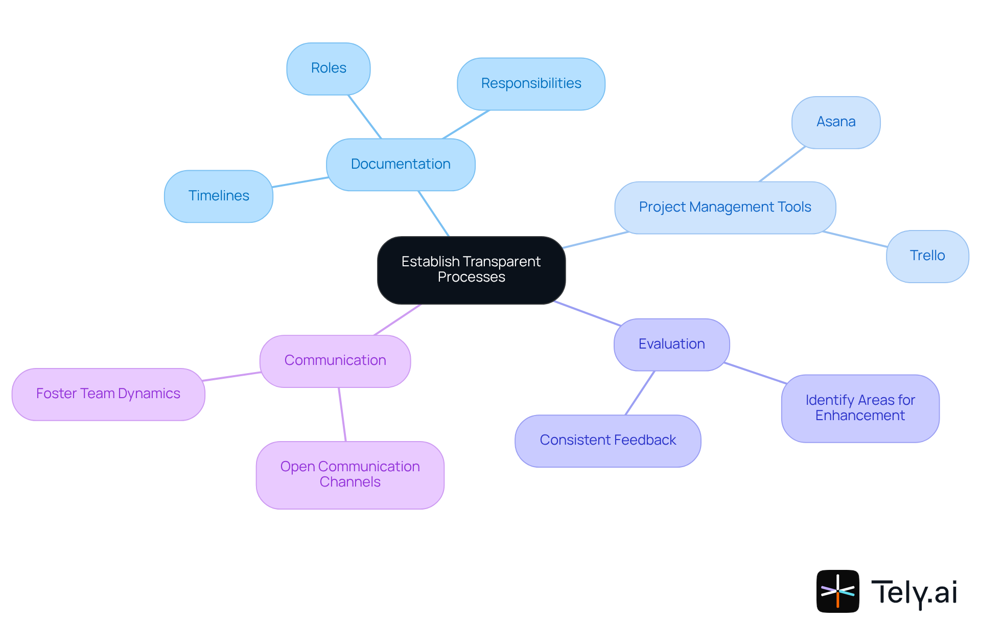 The central node represents the main focus on transparent processes. Each branch shows a key area of focus, with further details branching out to illustrate specific actions or tools related to that area. The central node represents the main focus on transparent processes. Each branch shows a key area of focus, with further details branching out to illustrate specific actions or tools related to that area.