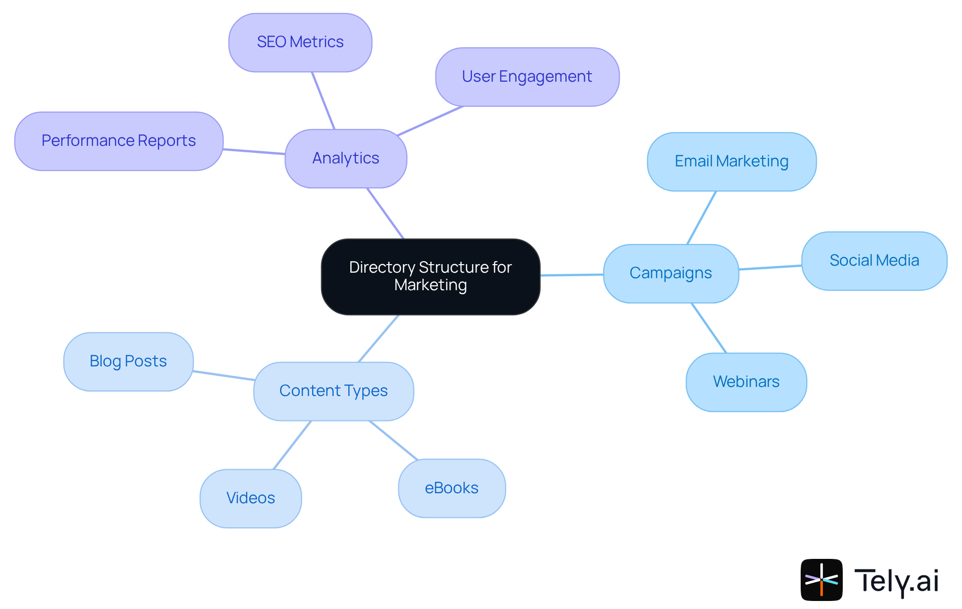 The center represents the overall directory structure, while the branches show the main categories and their specific subfolders. Each color-coded branch helps you quickly identify different areas of focus within your marketing strategy.