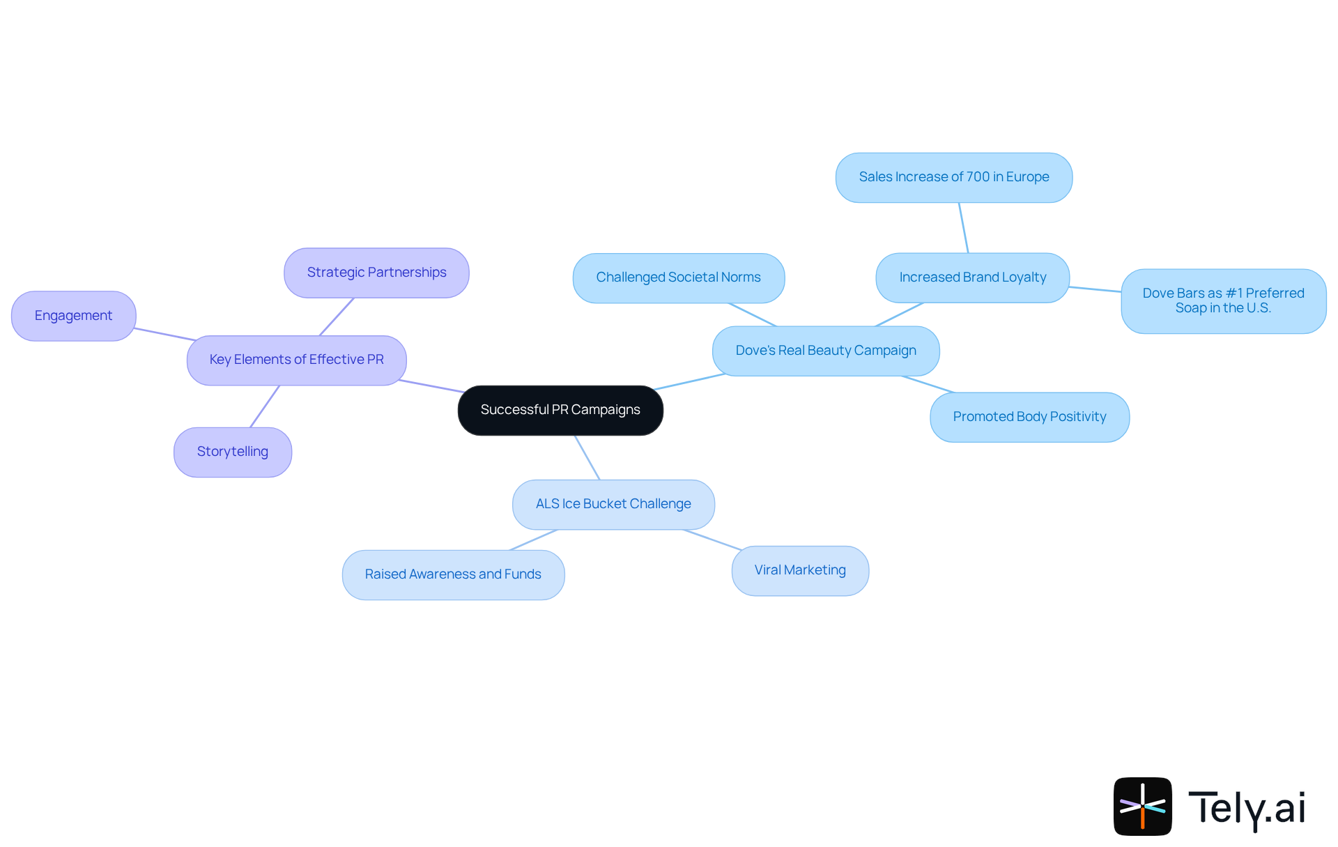 The central node represents the theme of successful PR campaigns. The branches show specific examples and key elements that contribute to effective public relations strategies. Follow the branches to see how each example connects to broader insights.