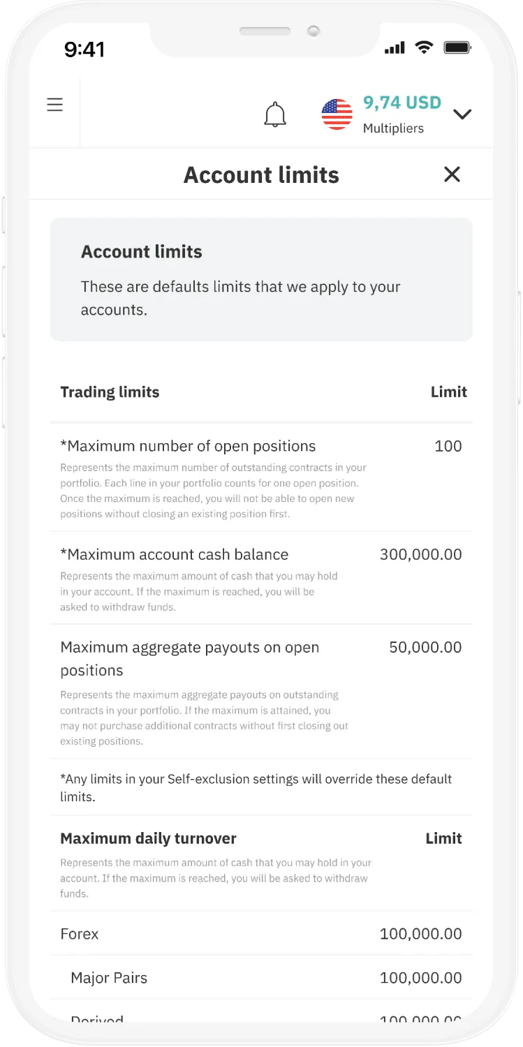 Trading app showing your trading account limits