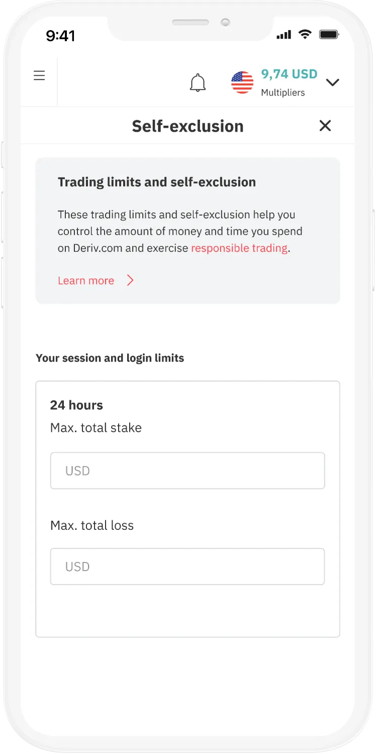 Screen showing self-exclusion information for your trading account