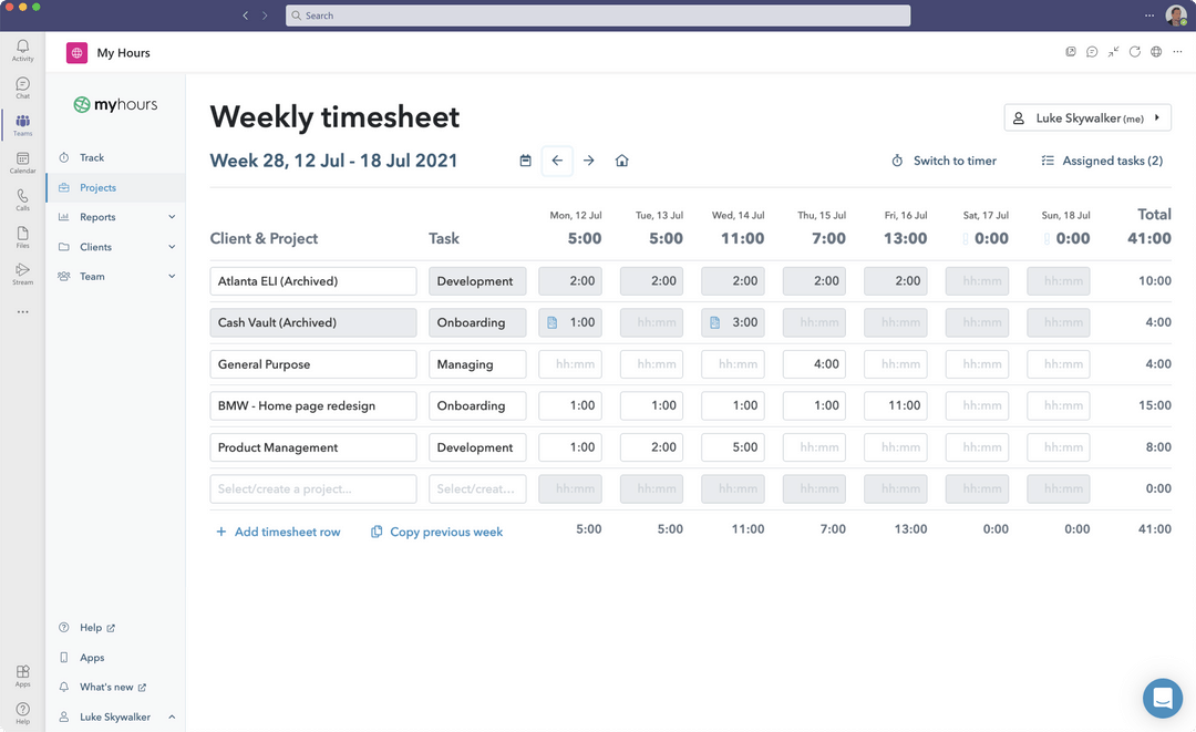 Free Timesheet for Microsoft Teams | My Hours