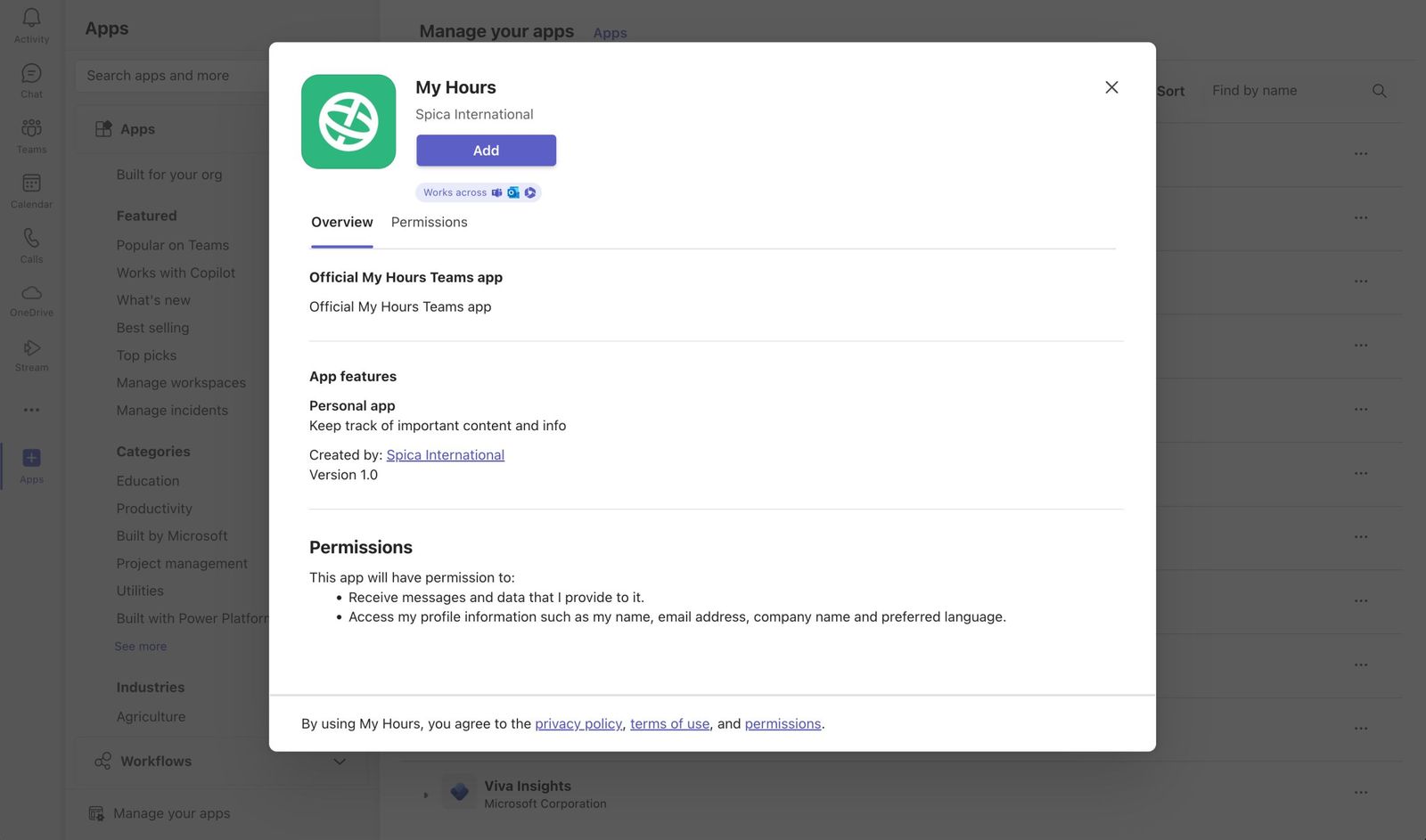 Free Timesheet for Microsoft Teams | My Hours